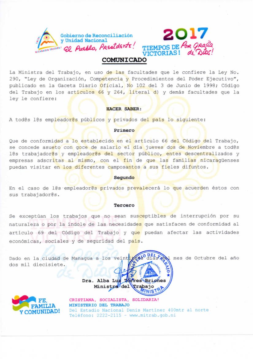 MITRAB da a conocer asueto con goce de salario el día 2 de noviembre ...