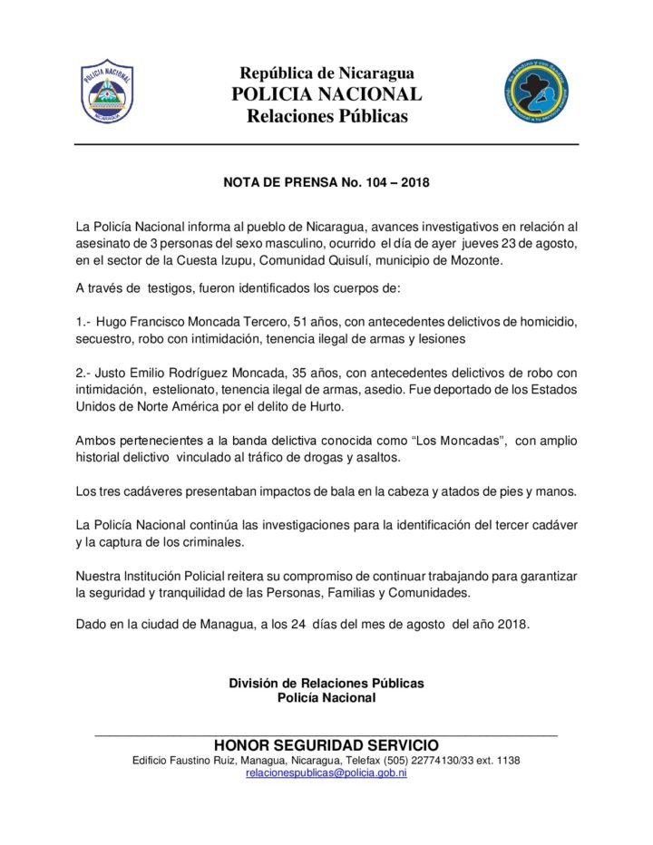 Policía Nacional Presenta Informe Del Asesinato De Tres En Mozonte